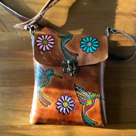 Bags | Handmade Hand Painted Leather Purse Birds | Poshmark